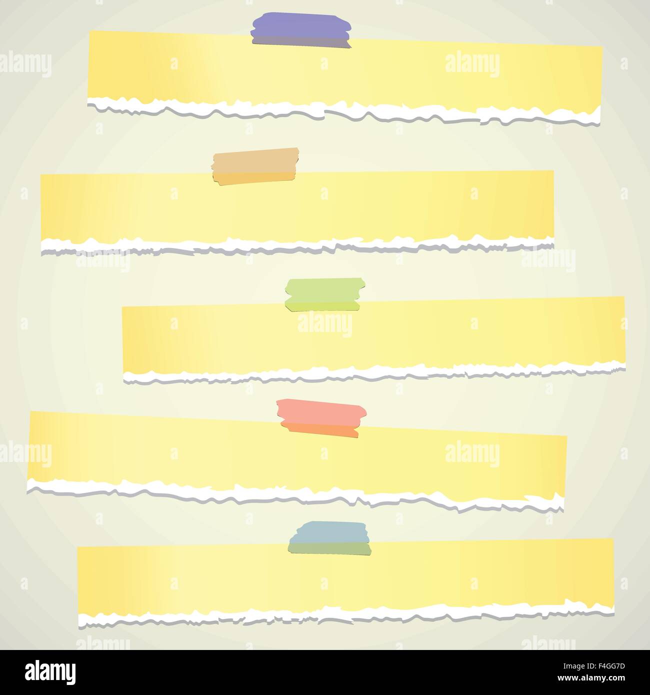 Set of various yellow torn note papers with adhesive tape on background ...