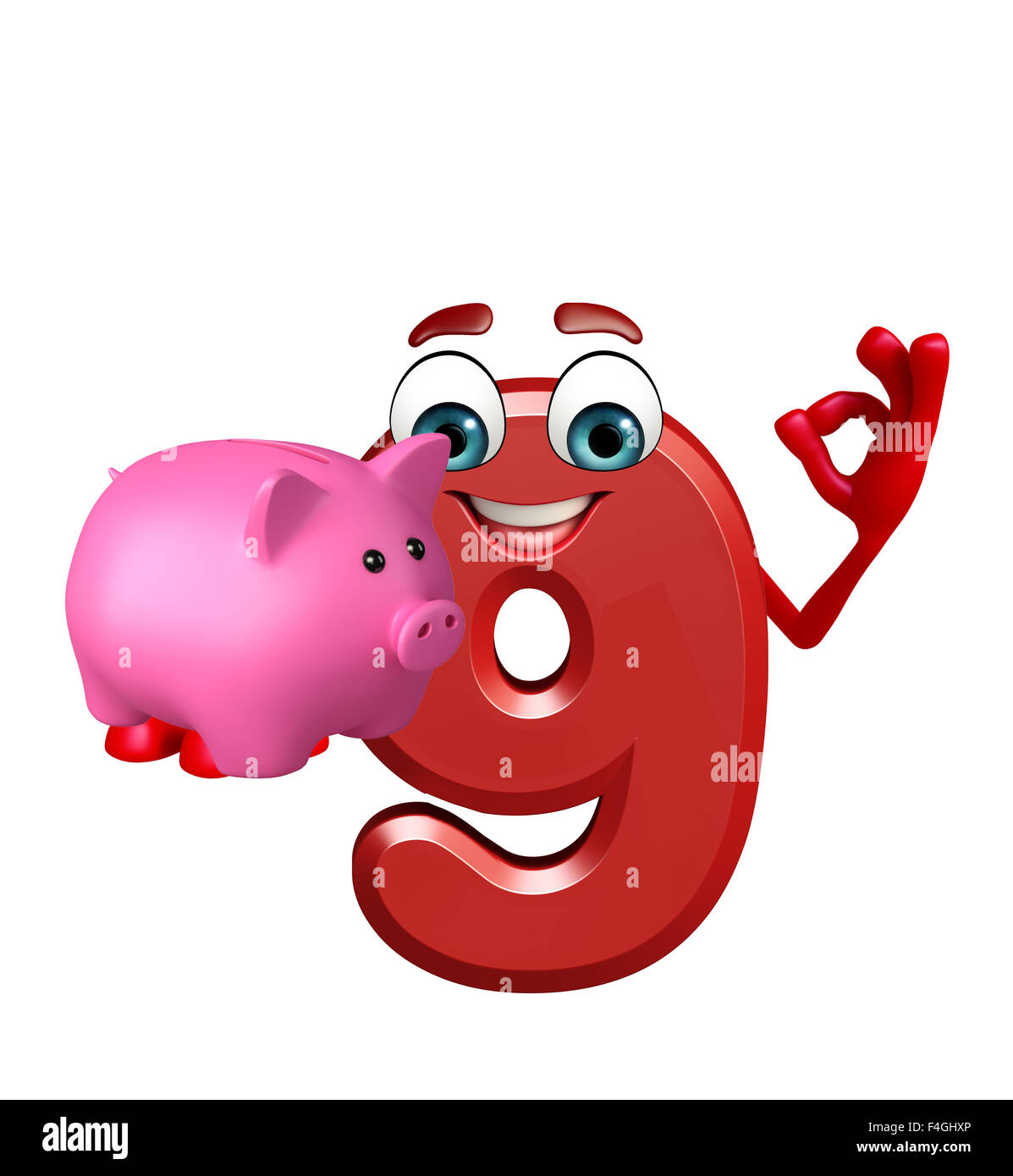 3d rendered illustration of cartoon character of nine digit with piggy ...