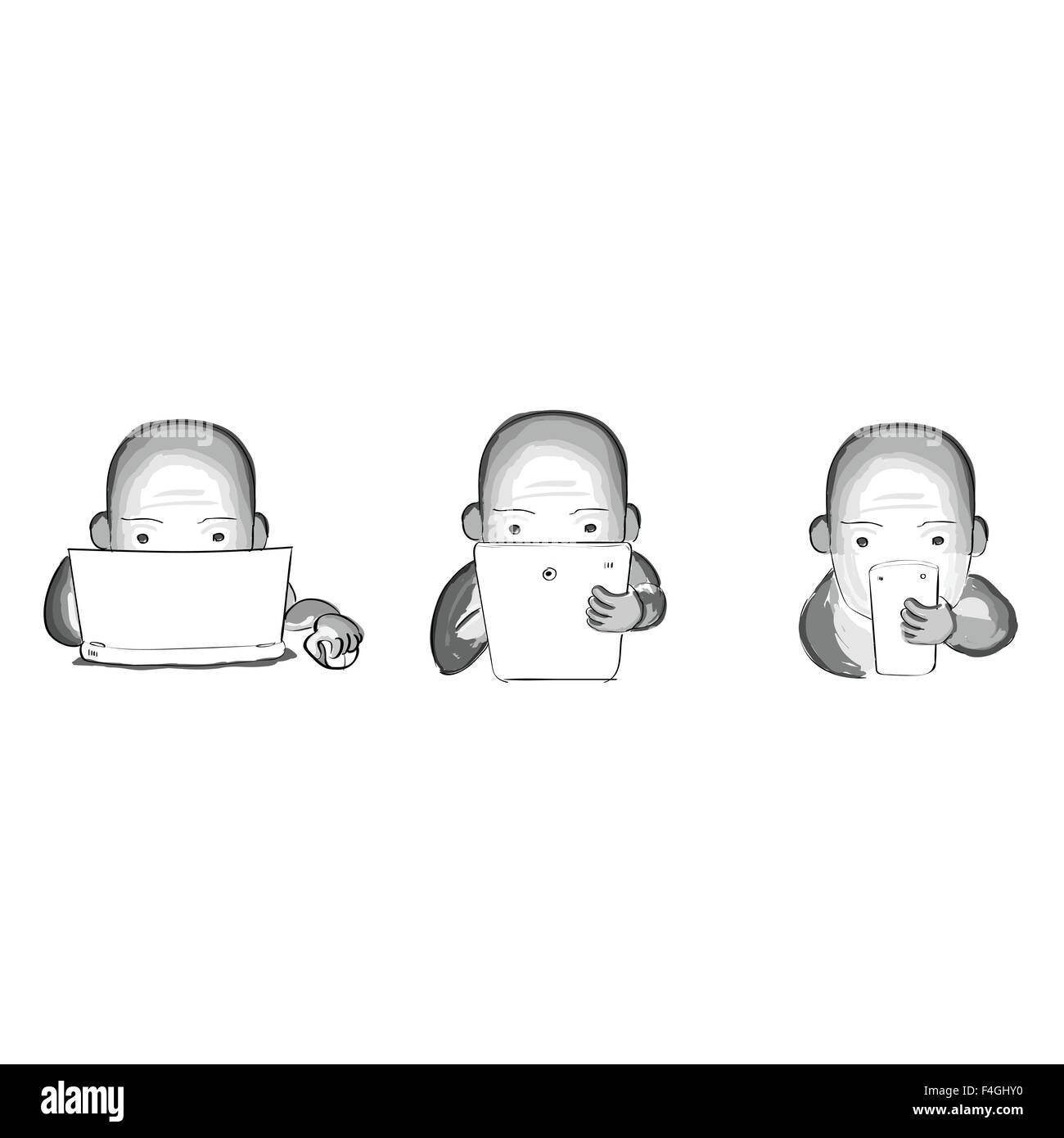 Person Use Laptop Phone Tablet, Hand Draw Sketch Digital Device ...