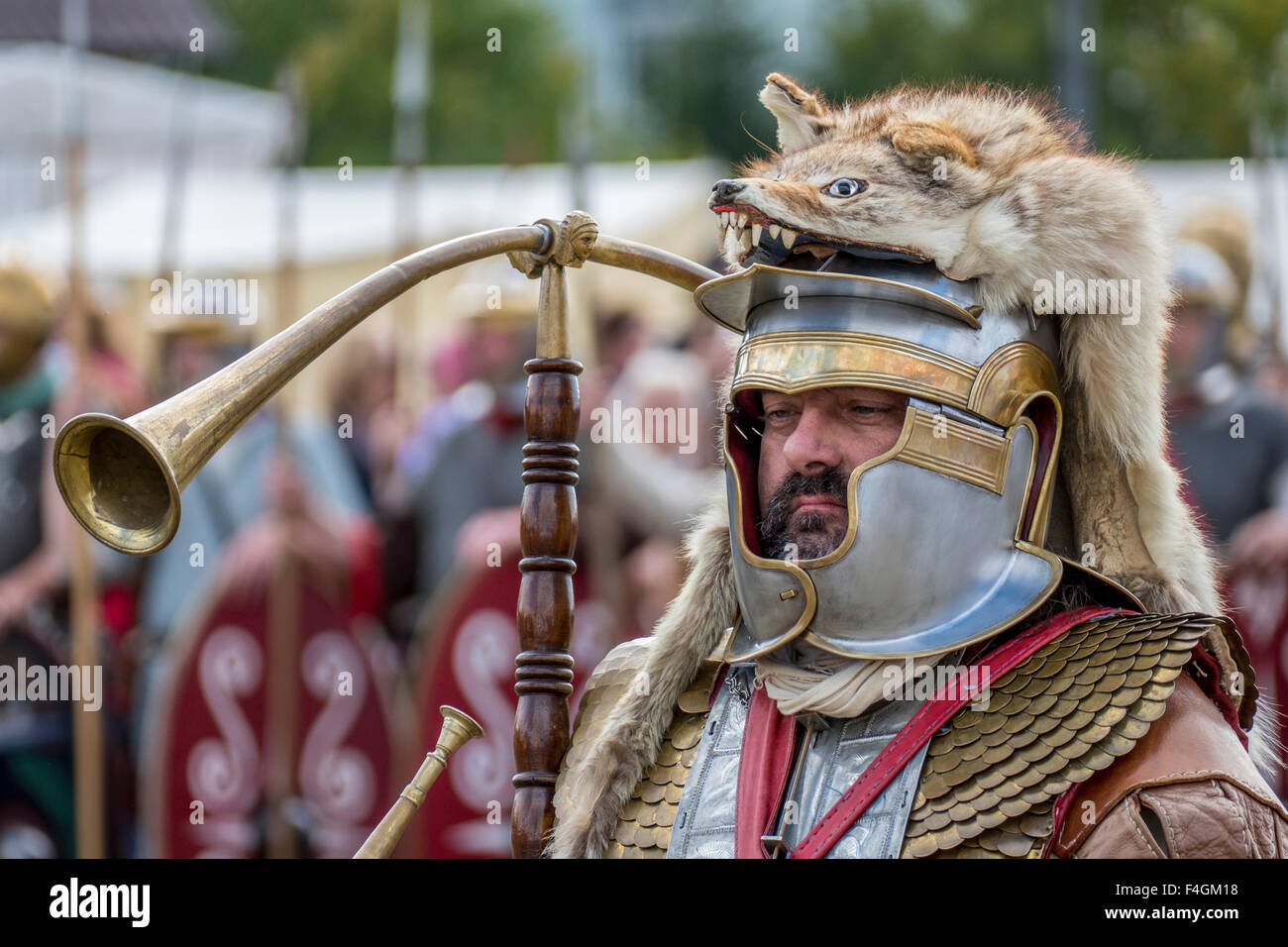 Roman legionary, Cornicen (Hornblower) on a Roman festival, Biriciana ...