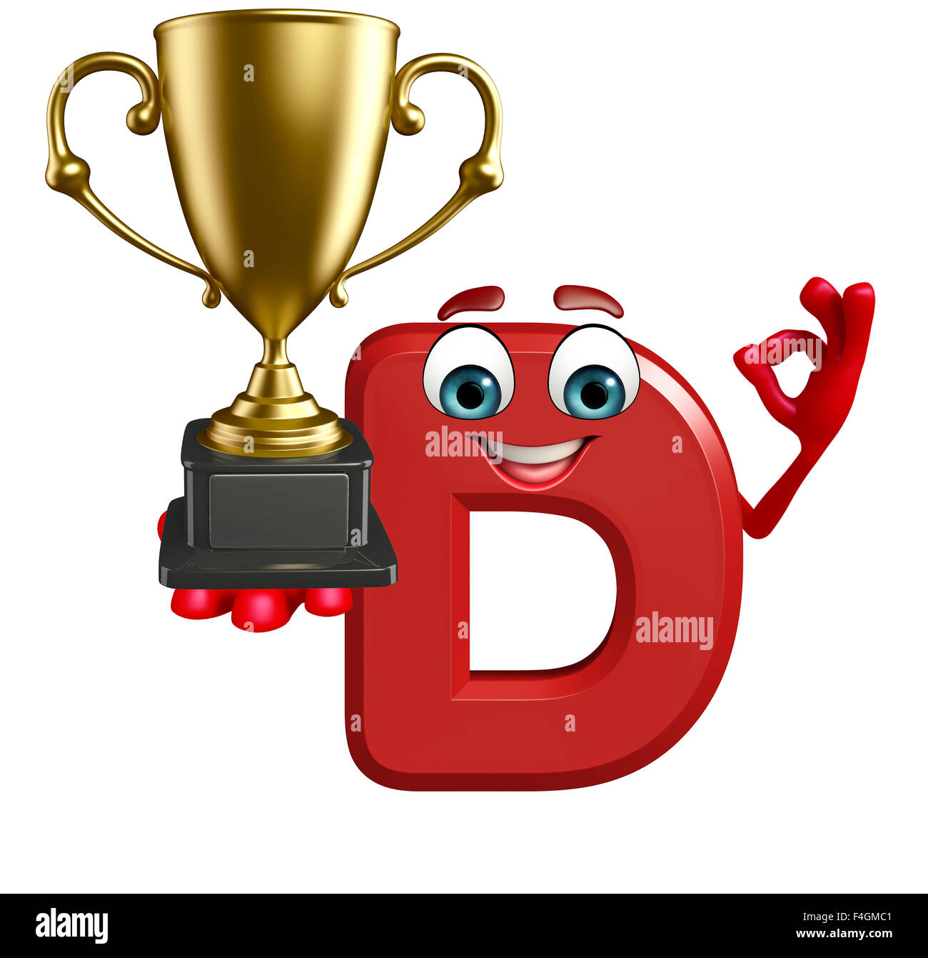 3d rendered illustration of alphabet D Cartoon Character with trophy ...