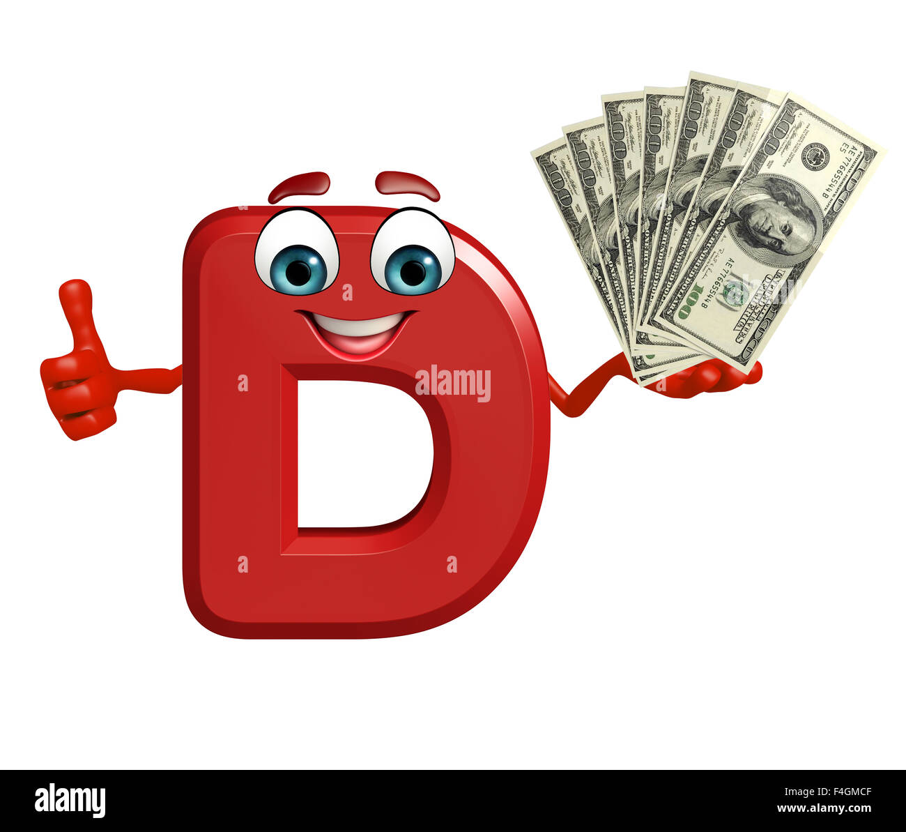3d rendered illustration of alphabet D Cartoon Character with money ...