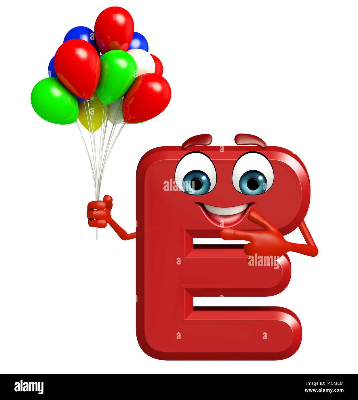 3d rendered illustration of alphabet E Cartoon Character with balloons ...