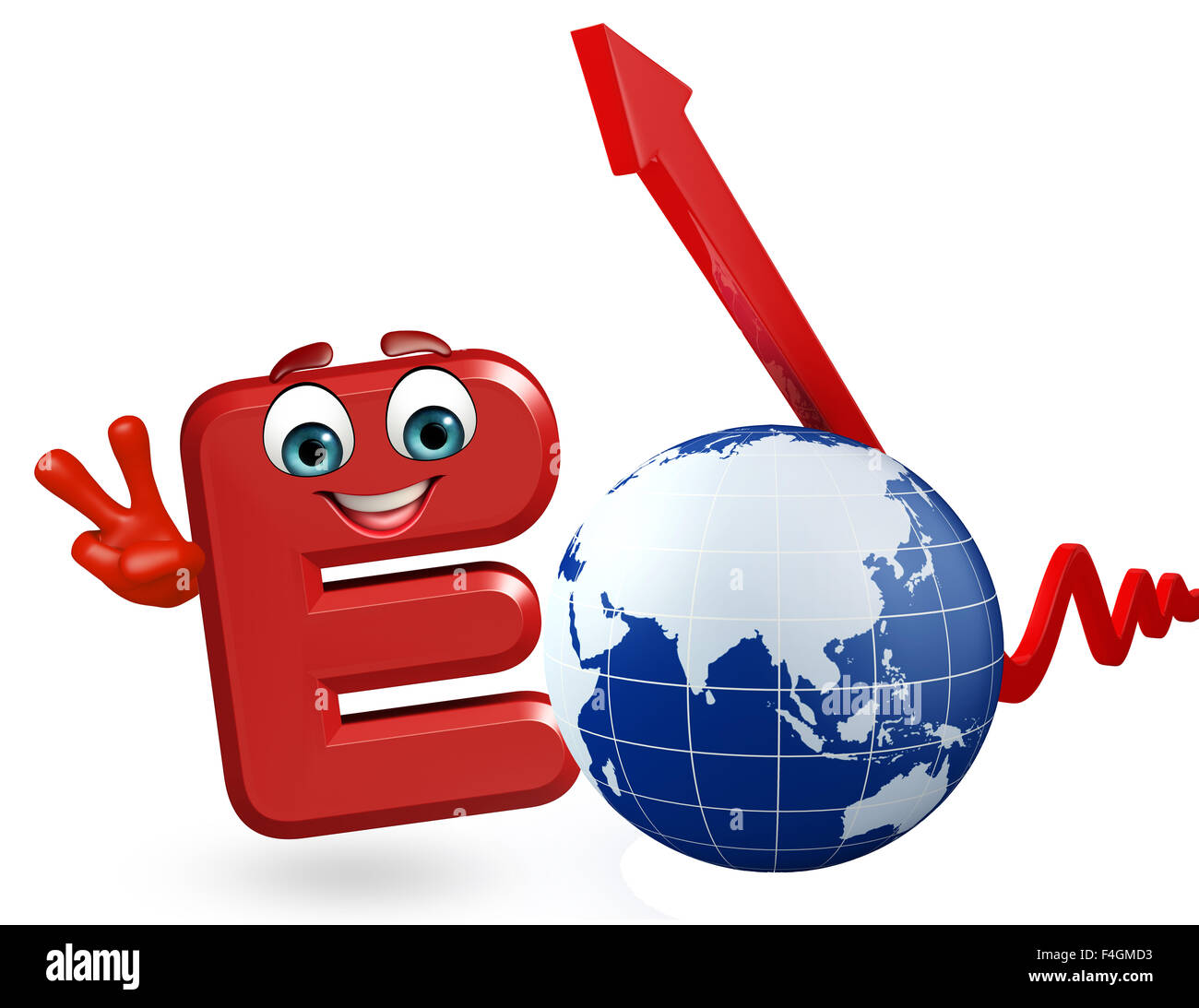 3d rendered illustration of alphabet E Cartoon Character with globe ...
