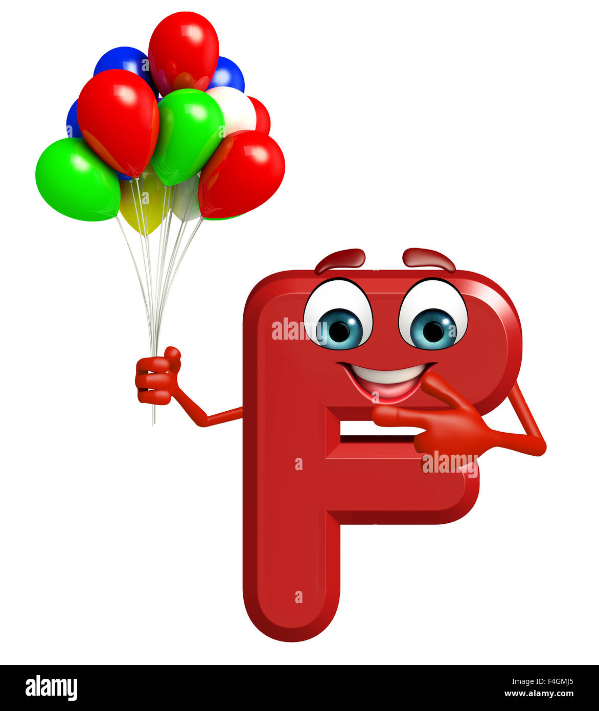 3d rendered illustration of alphabet F Cartoon Character with balloons ...