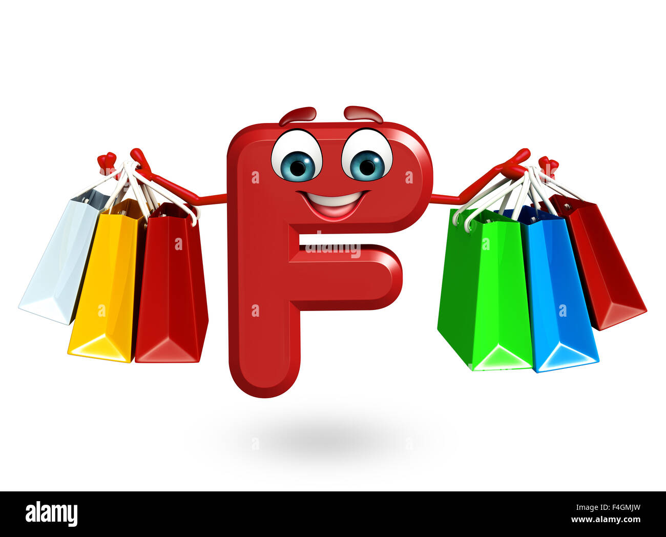 3d rendered illustration of alphabet F Cartoon Character with shopping ...