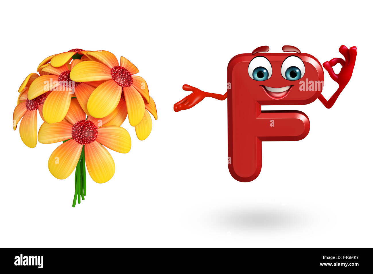 3d rendered illustration of alphabet F Cartoon Character with flowers ...