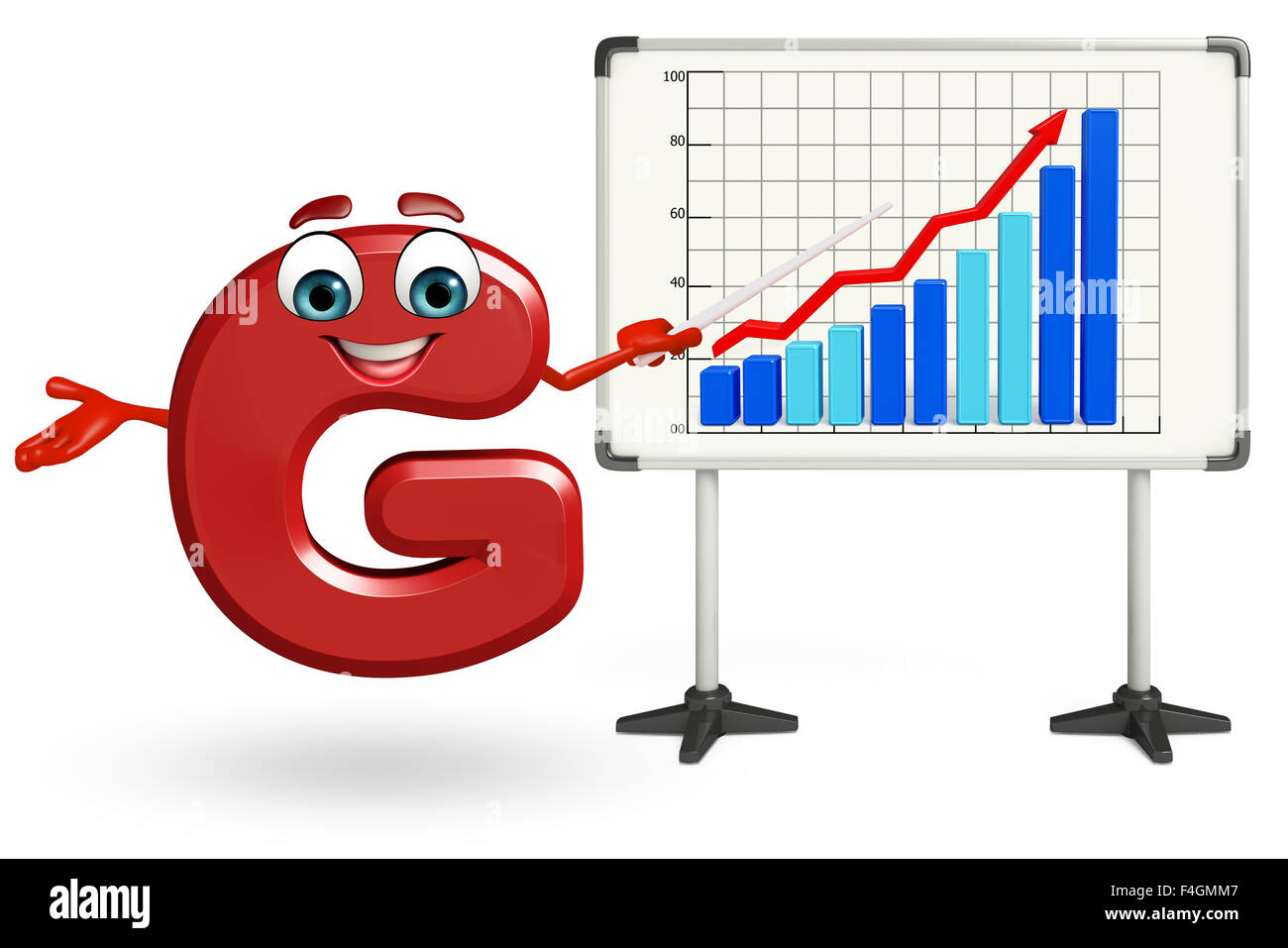 3d rendered illustration of cartoon character of G with business graph ...