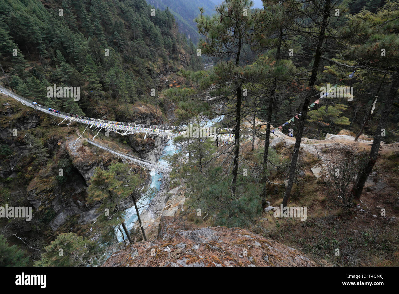 The Larja suspension Bridge over the Dudh Koshi river, near Namche ...