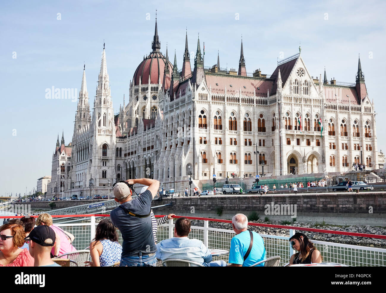 Hungarian Parliament Building seen from a tour boat on the River Danube ...