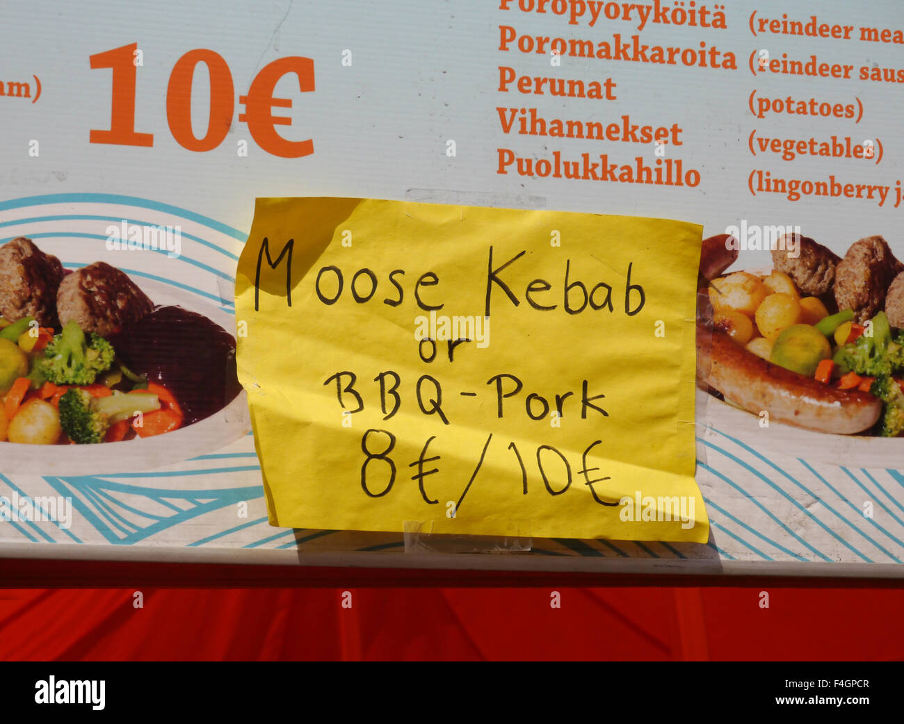 A post it note on a menu in Helsinki, Finland advertising Moose kebabs ...