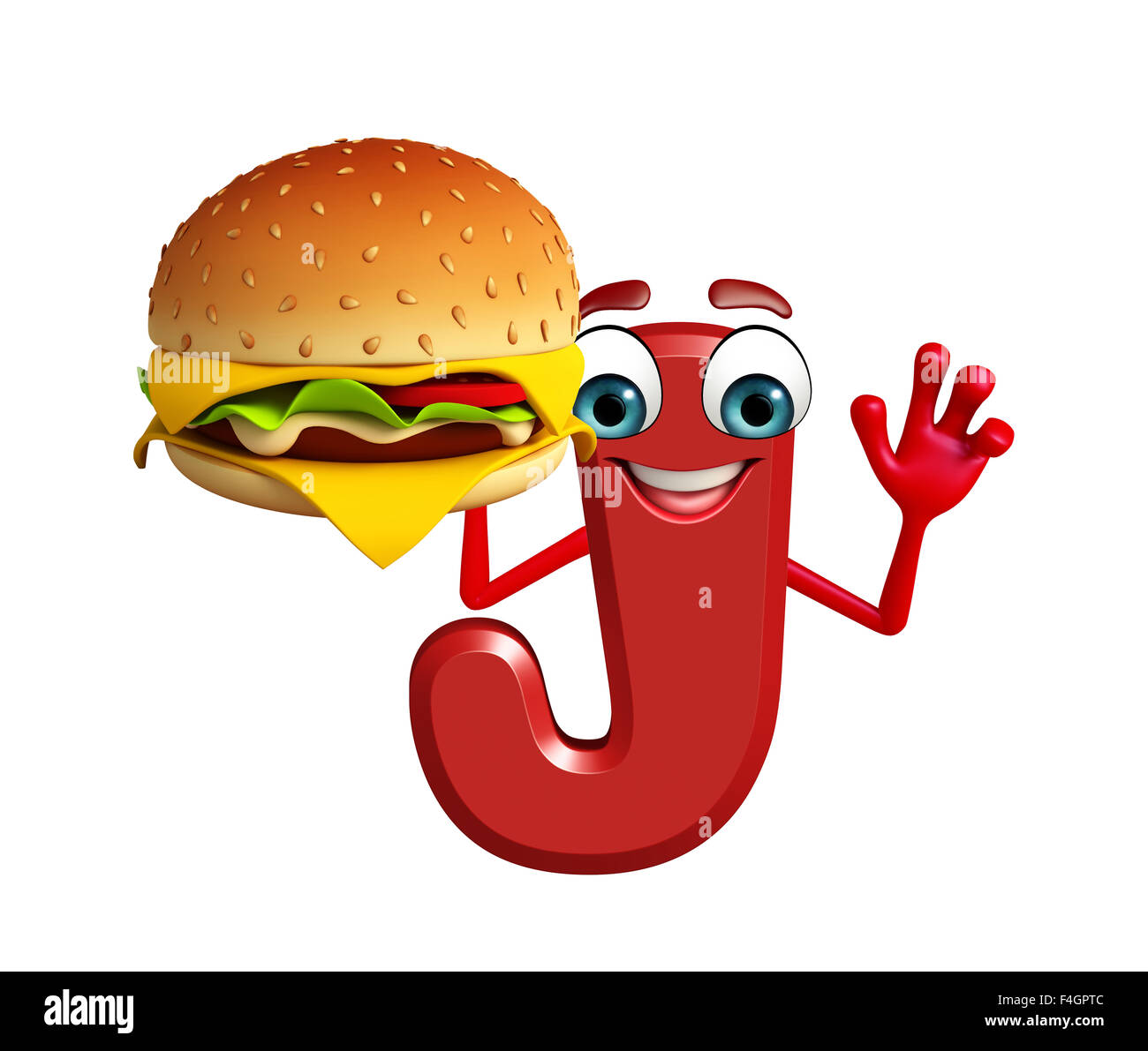 3d rendered illustration of alphabet J Cartoon Character with burger ...