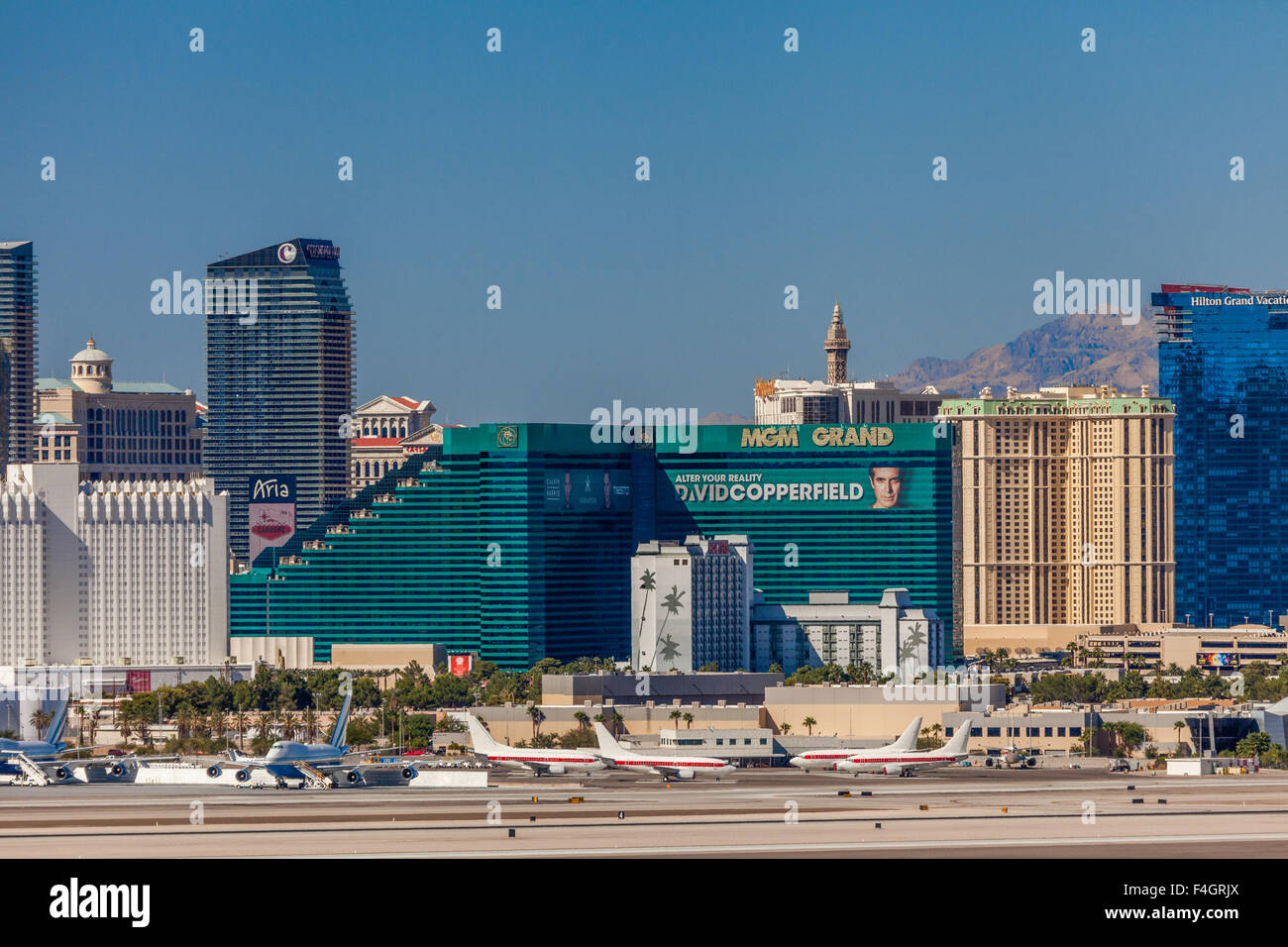 Area 51 "Janet" planes with the Las Vegas Strip hotels behind Stock ...