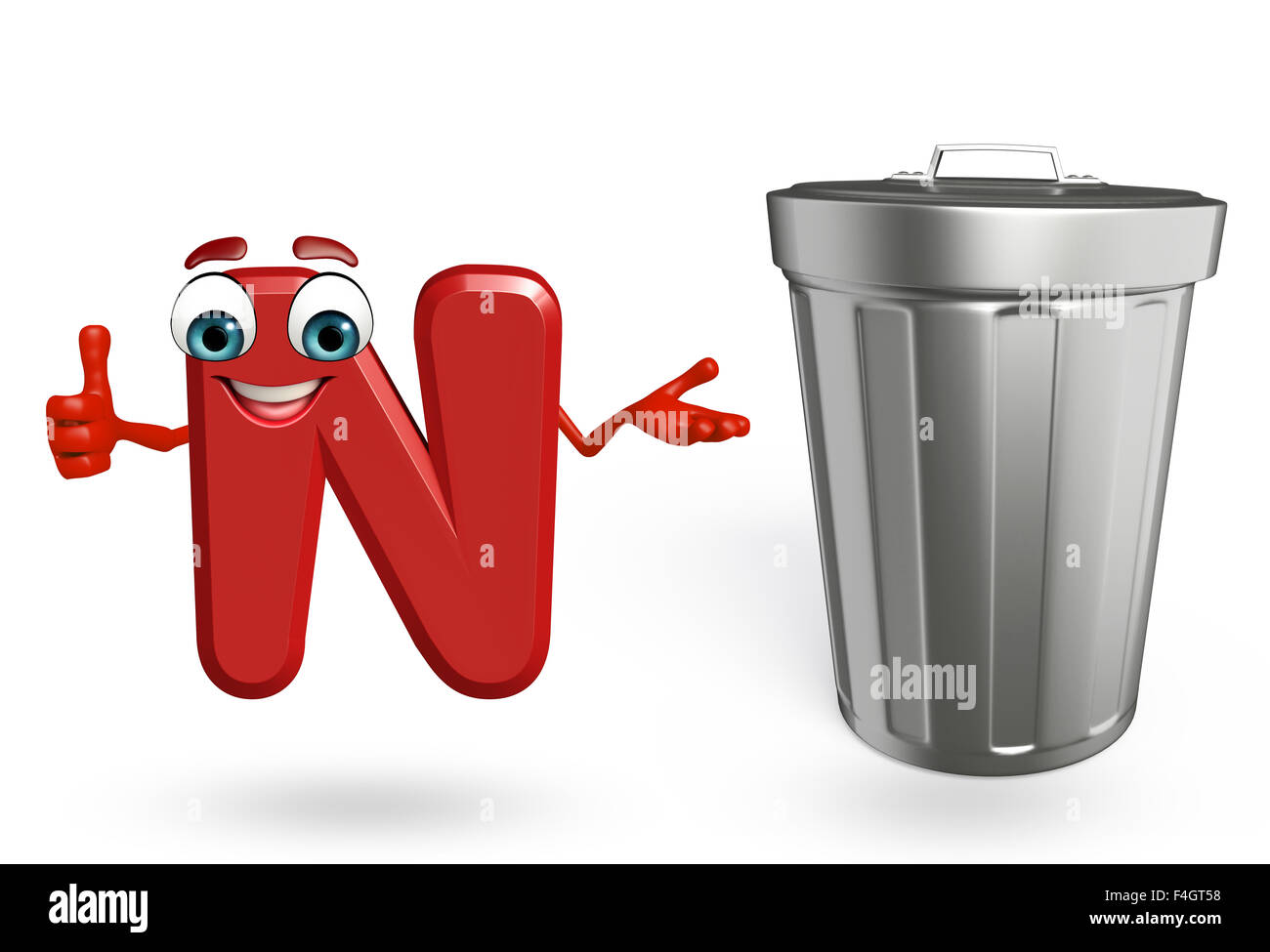3d rendered illustration of alphabet N Cartoon Character with dustbin ...