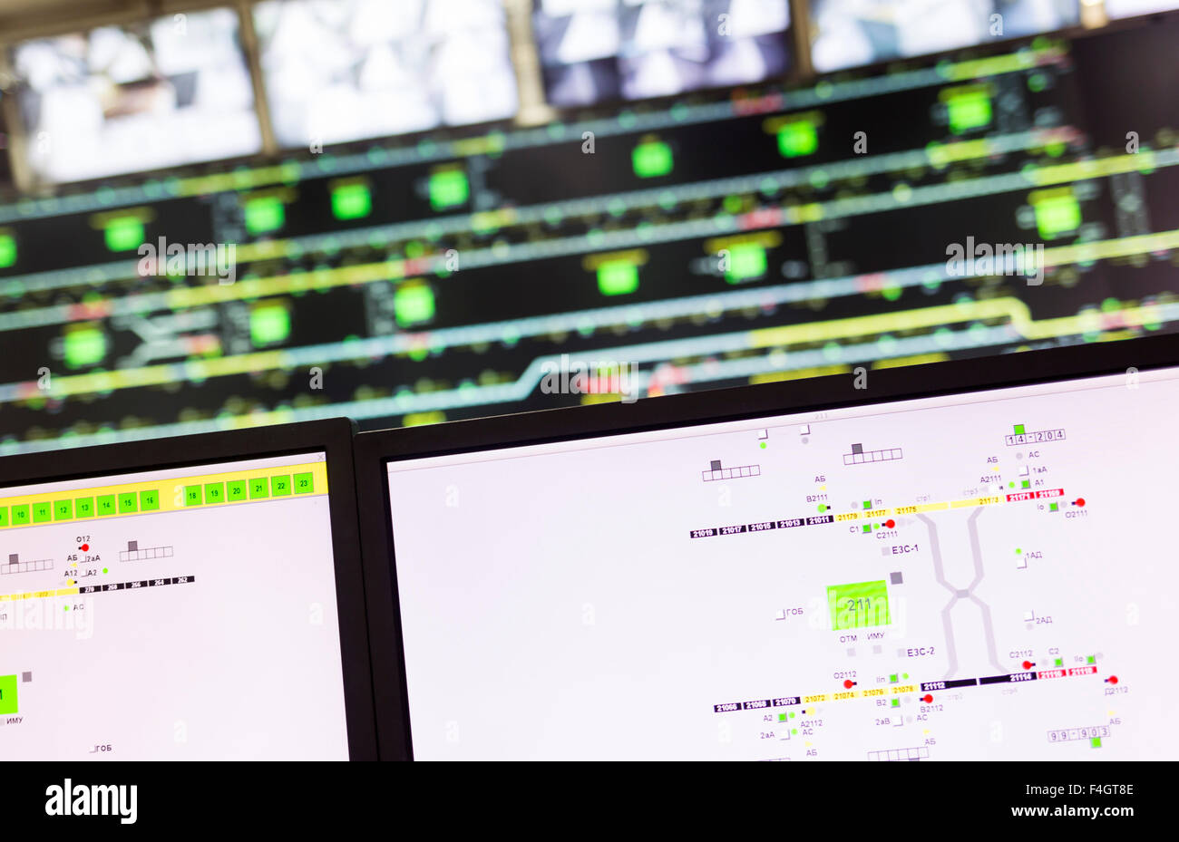 The control room of the subway traffic. Computer monitors Stock Photo ...