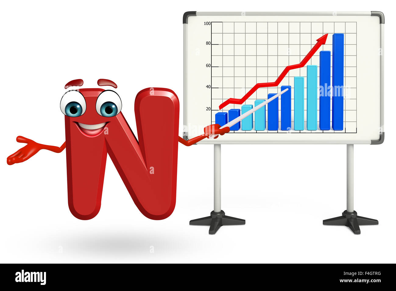 3d rendered illustration of cartoon character of N with business graph ...