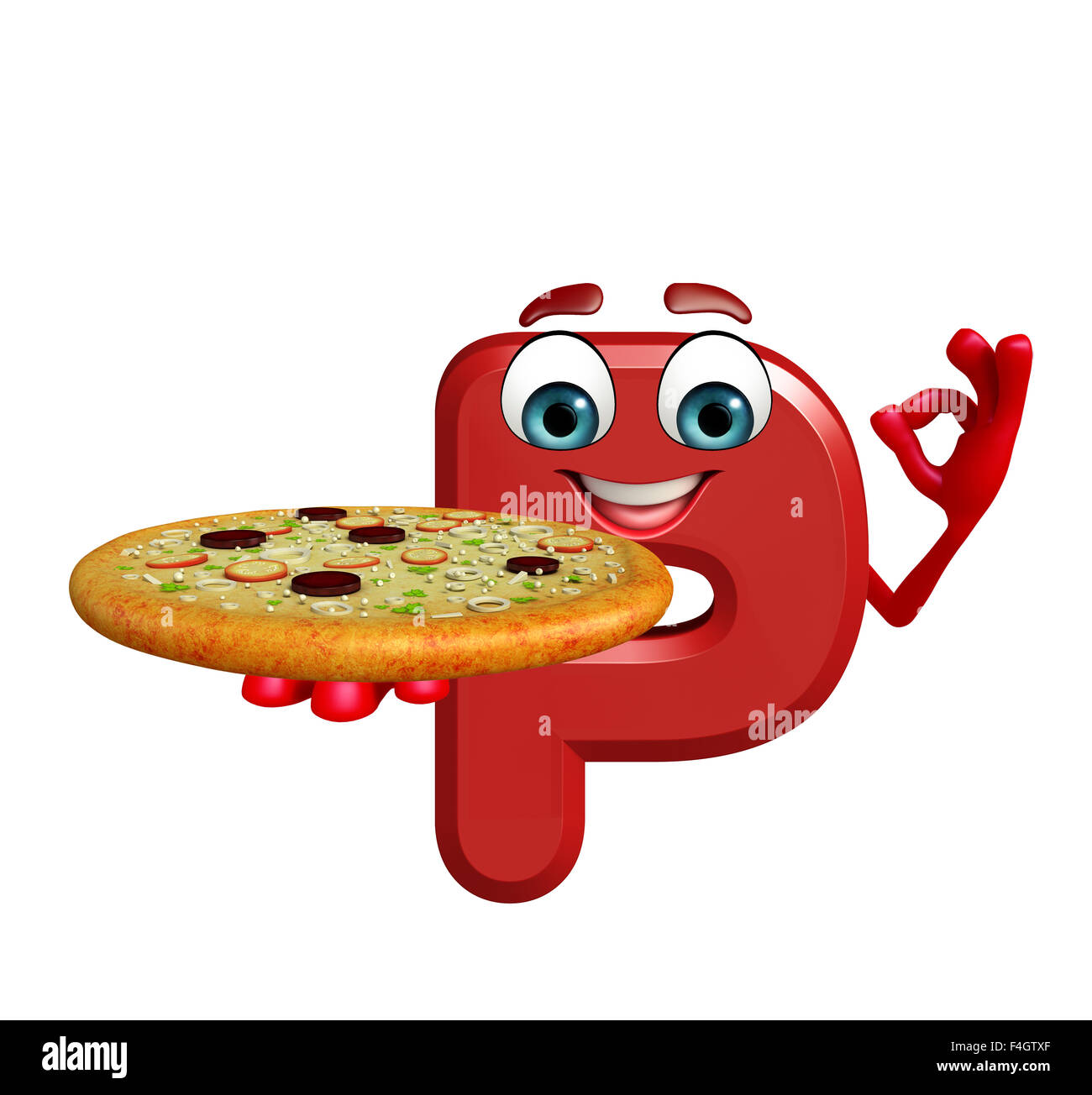 3d rendered illustration of alphabet P Cartoon Character with pizza ...