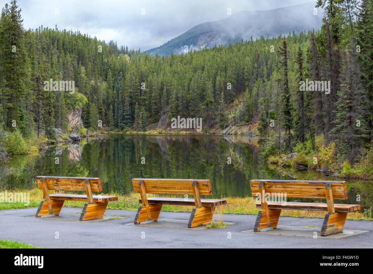 Wooden benches at Portal Lake, Mount Robson Provincial Park, Rocky ...
