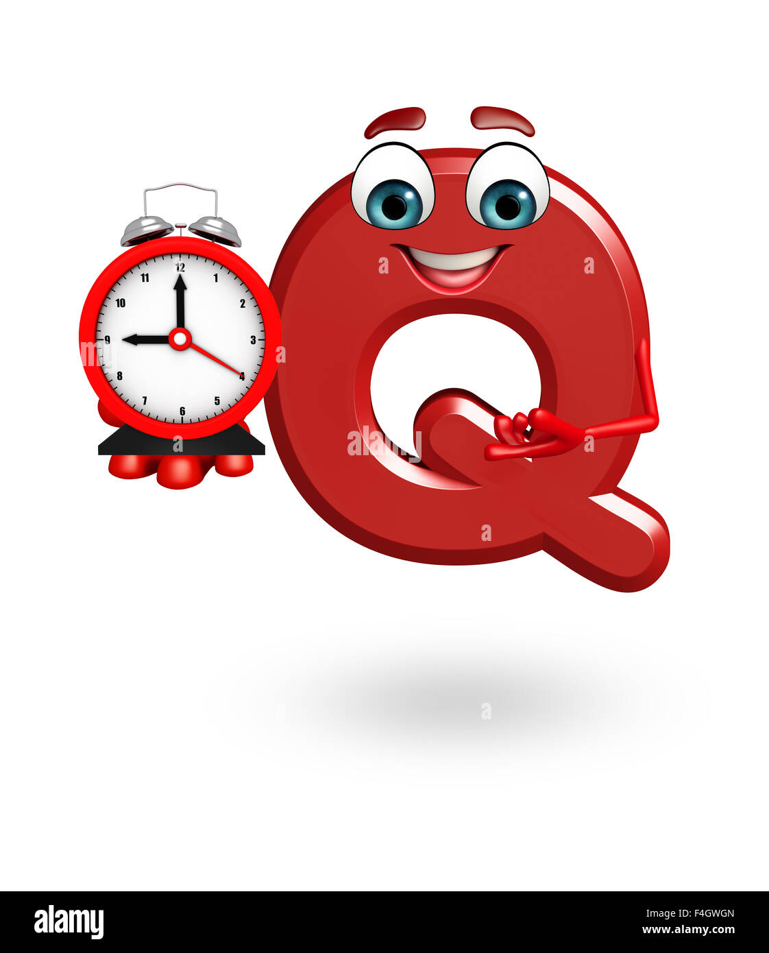 3d rendered illustration of alphabet Q Cartoon Character with clock ...