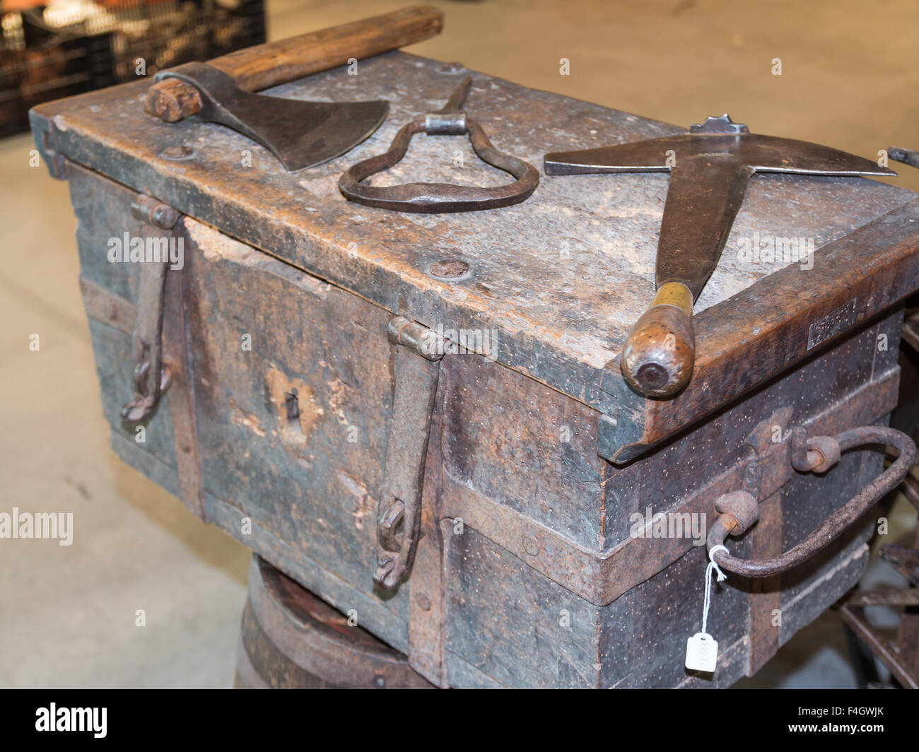old rural rusty tools above antique wooden box Stock Photo - Alamy