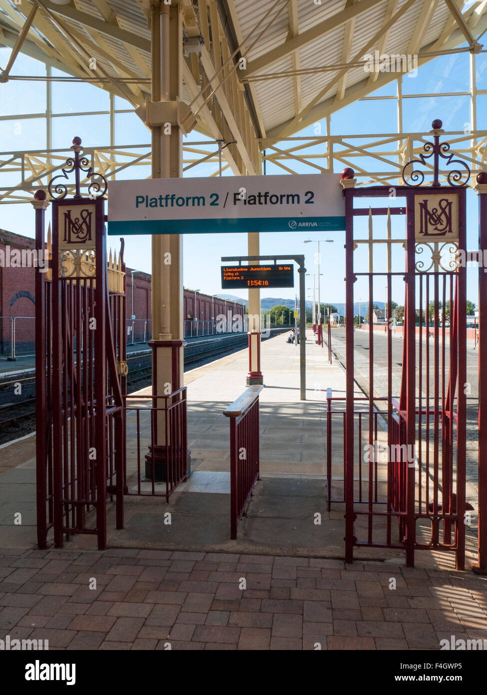 Entrance to platform 2 on railway station in Llandudno Gwynedd Wales UK ...