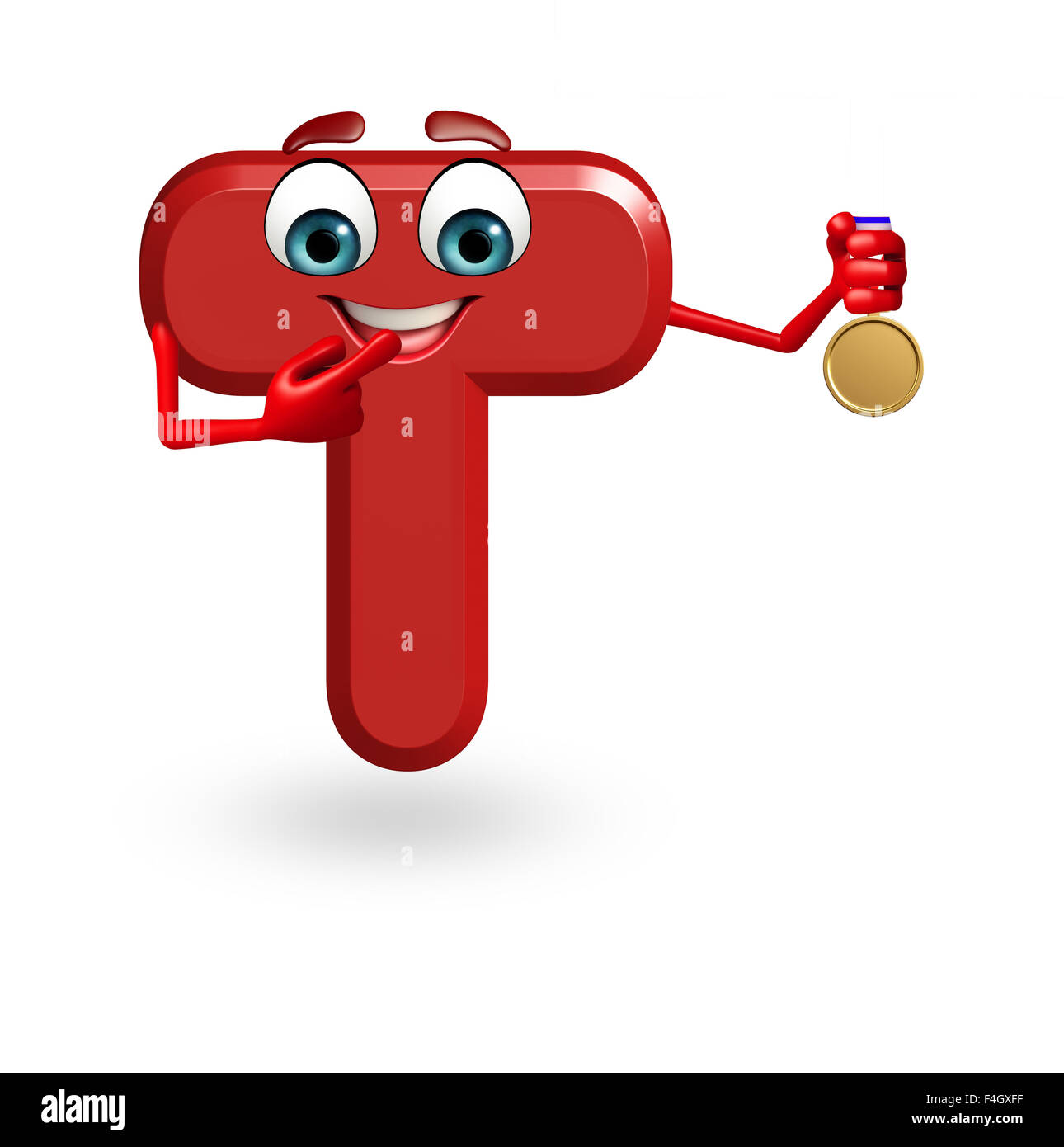 3d rendered illustration of alphabet T Cartoon Character with medal ...