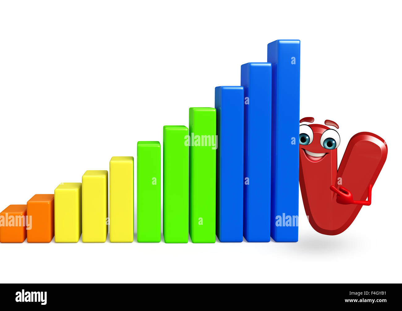3d rendered illustration of cartoon character of V with business graph ...