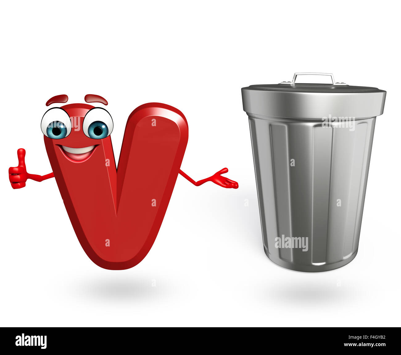 3d rendered illustration of alphabet V Cartoon Character with dustbin ...