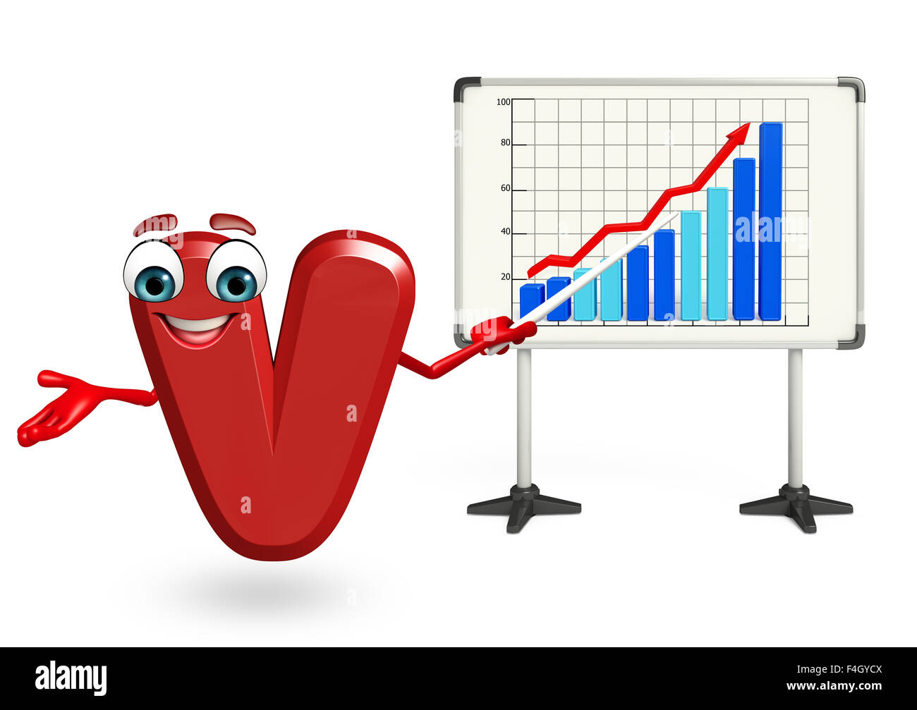 3d rendered illustration of cartoon character of V with business graph ...