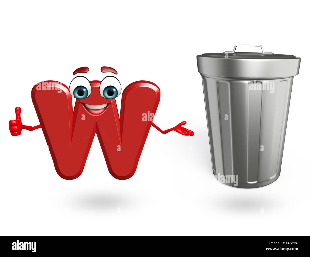3d rendered illustration of alphabet W Cartoon Character with dustbin ...