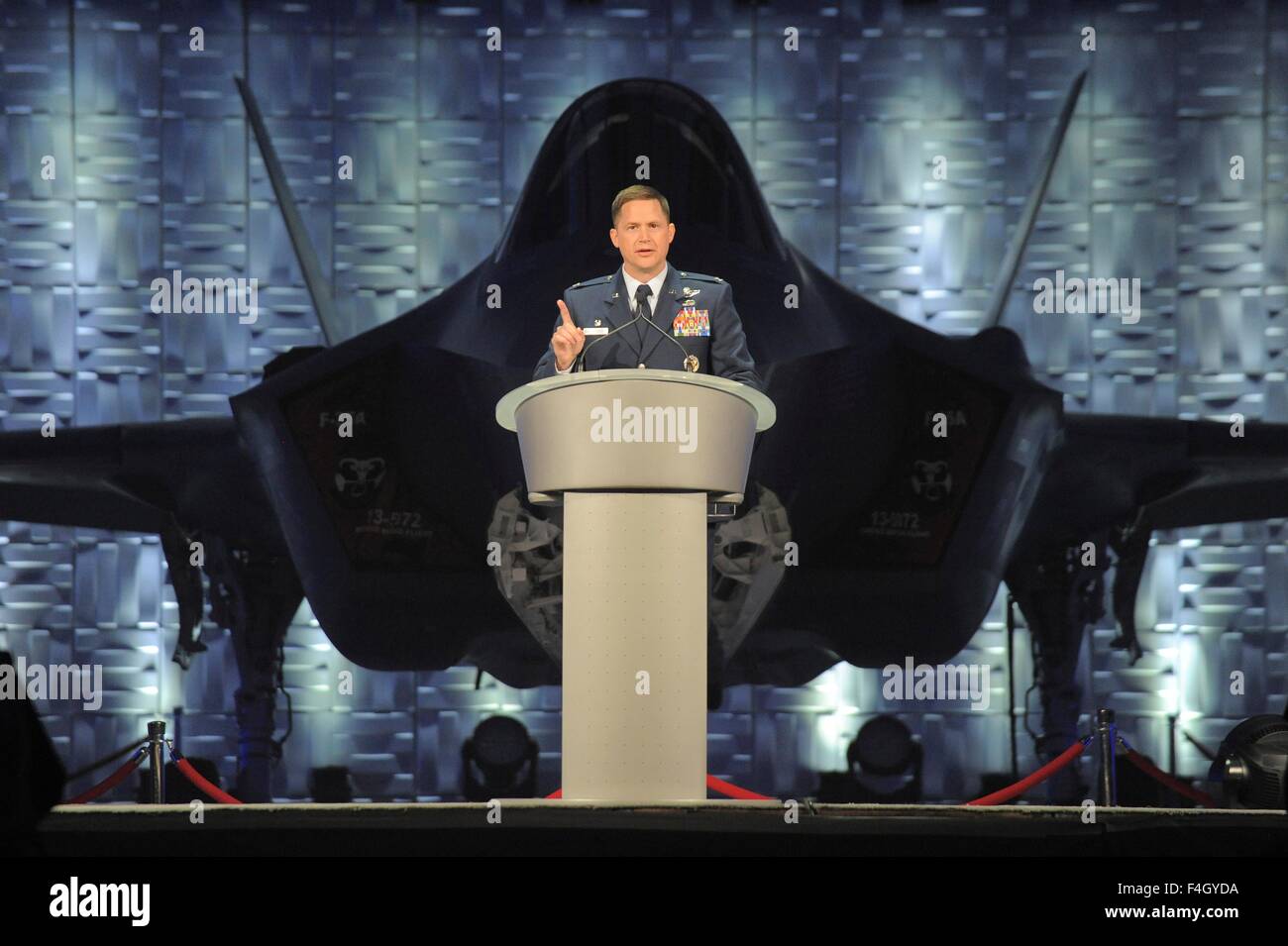 Col. David Lyons, 388th Fighter Wing commander, speaks at the F-35 ...