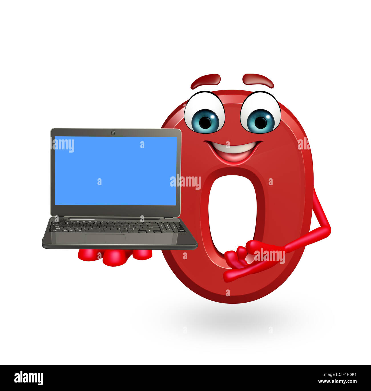 3d rendered illustration of Cartoon character of zero digit with laptop ...