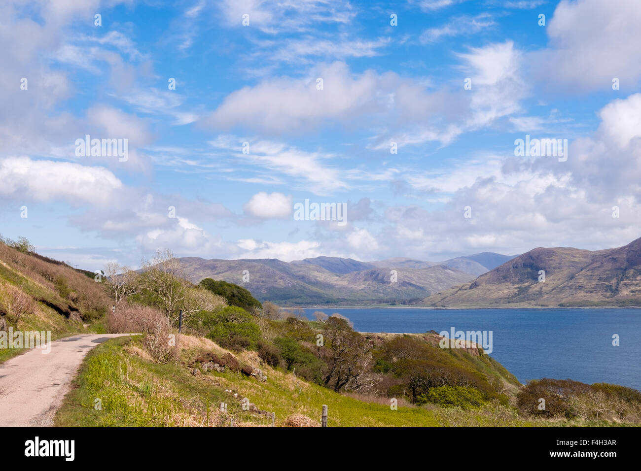 Empty narrow single track coast road B8073 north side of Loch Na Keal ...