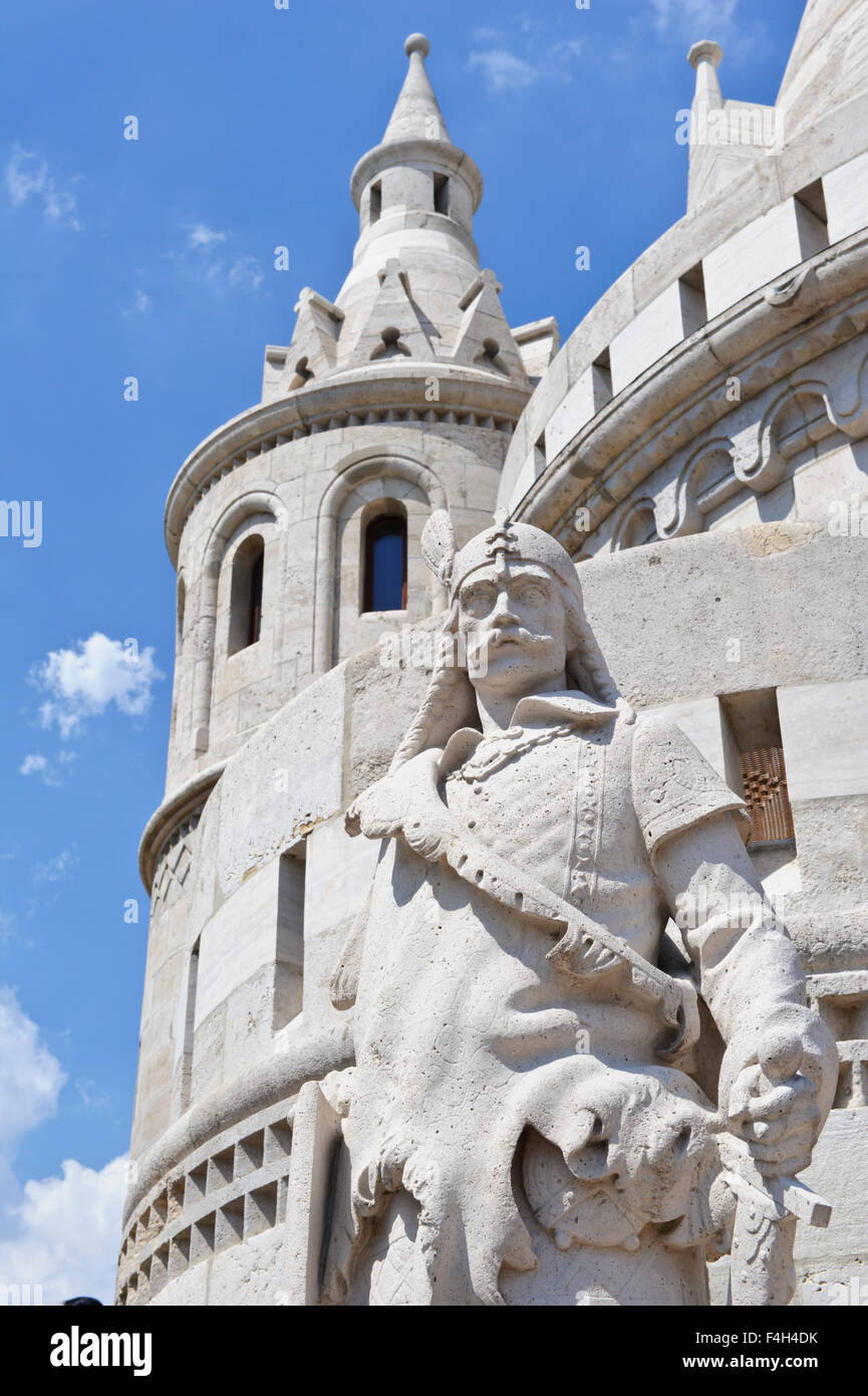 A stone carving of a knight at the Fisherman's bastion on Castle Hill ...