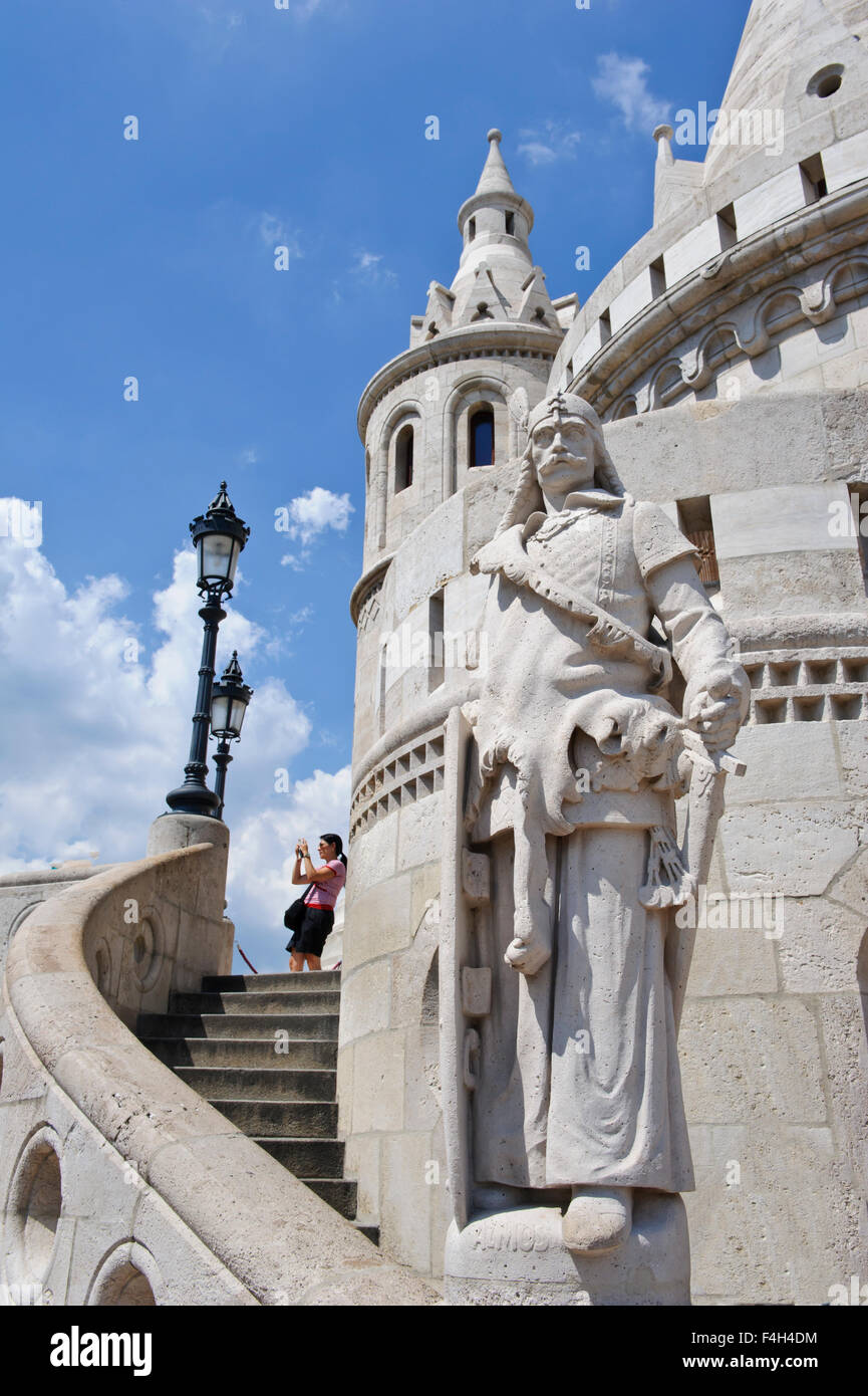 A stone carving of a knight at the Fisherman's bastion on Castle Hill ...