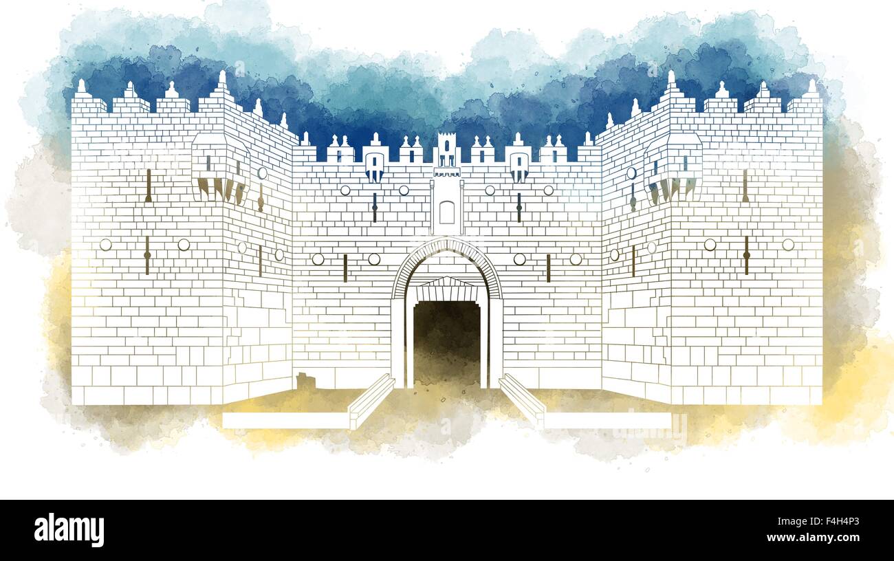 Illustration of Damascus gate, north entrance in old part of Jerusalem ...