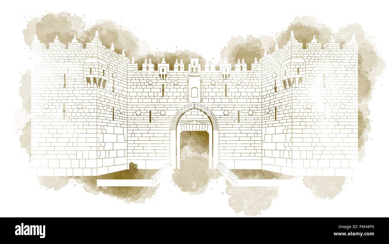 Illustration of Damascus gate, north entrance in old part of Jerusalem ...