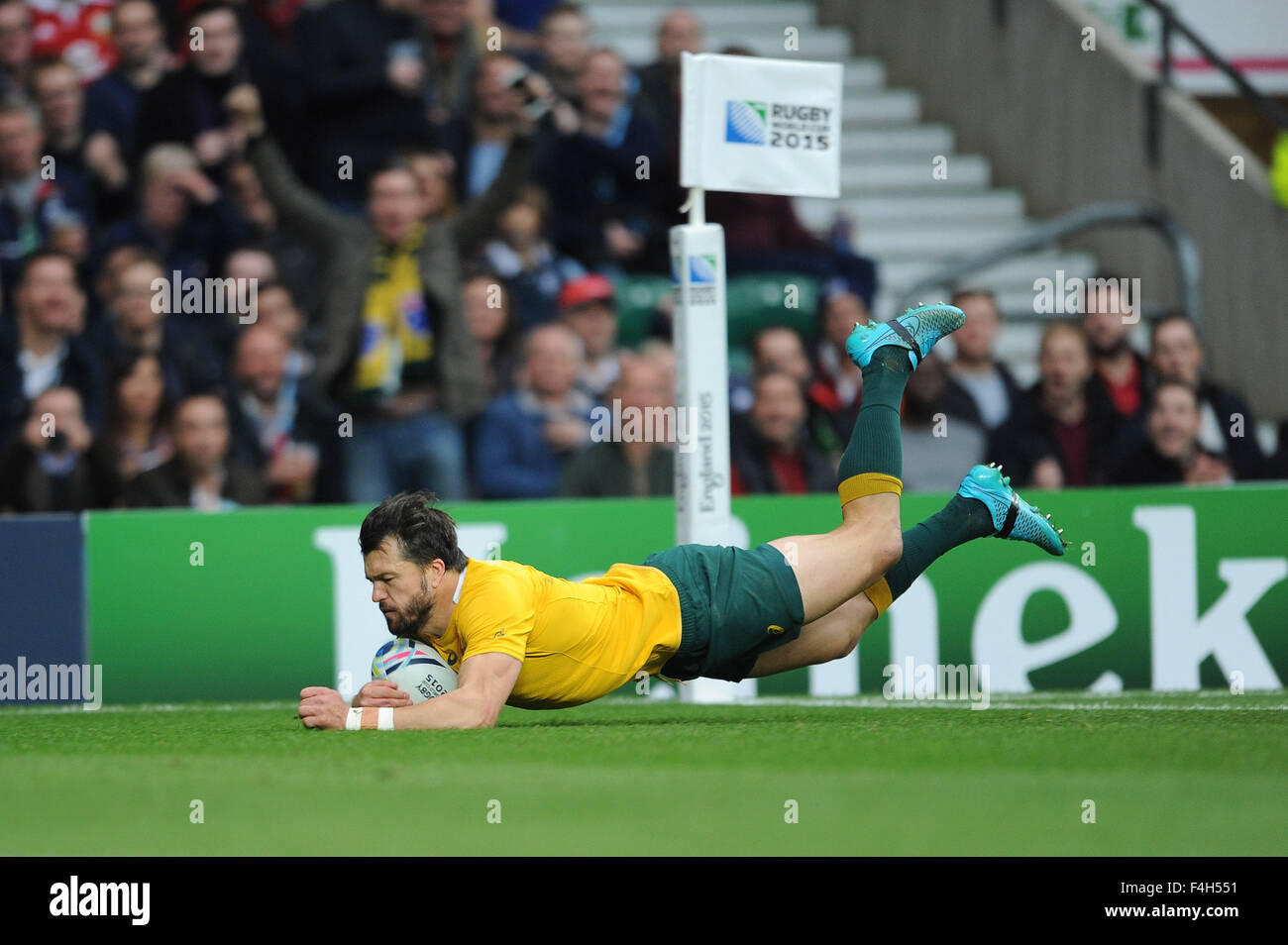 18 October 2015: Adam Ashley-Cooper of Australia dives over to score ...