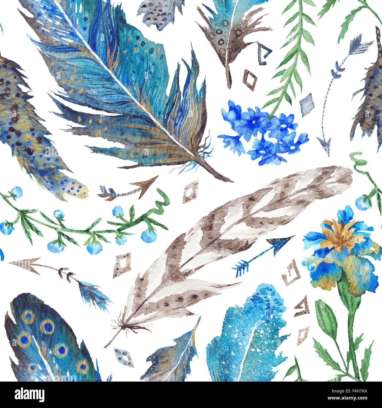 Seamless watercolor wild and free texture with forest plants and arrows ...