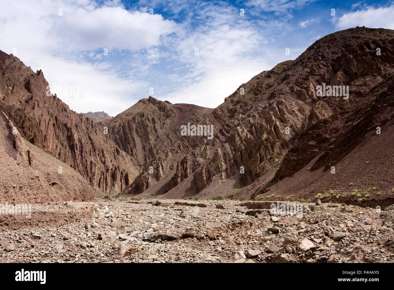 India, Jammu & Kashmir, Ladakh, Miru, tilted rocky dry season river bed ...