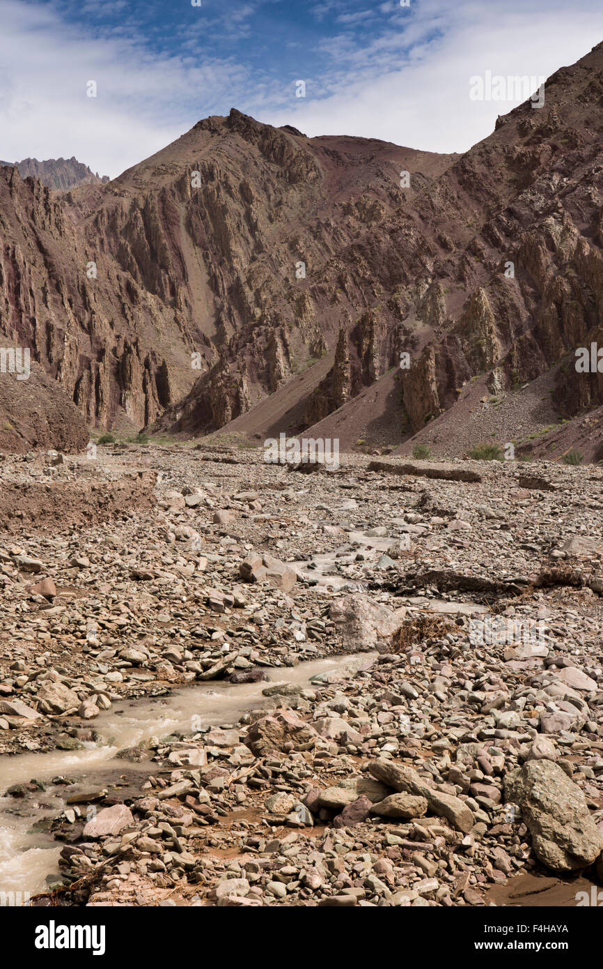 India, Jammu & Kashmir, Ladakh, Miru, tilted rocky dry season river bed ...