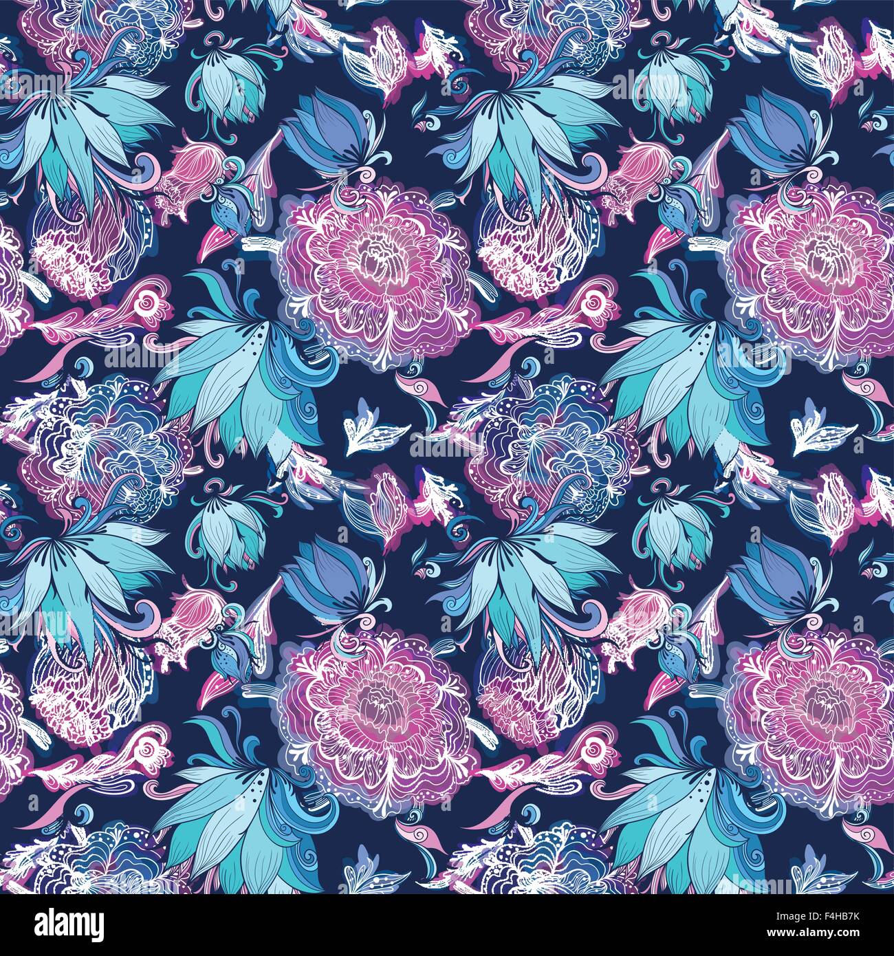 Glowing pattern with sketch white outlined roses and lotus shapes on ...