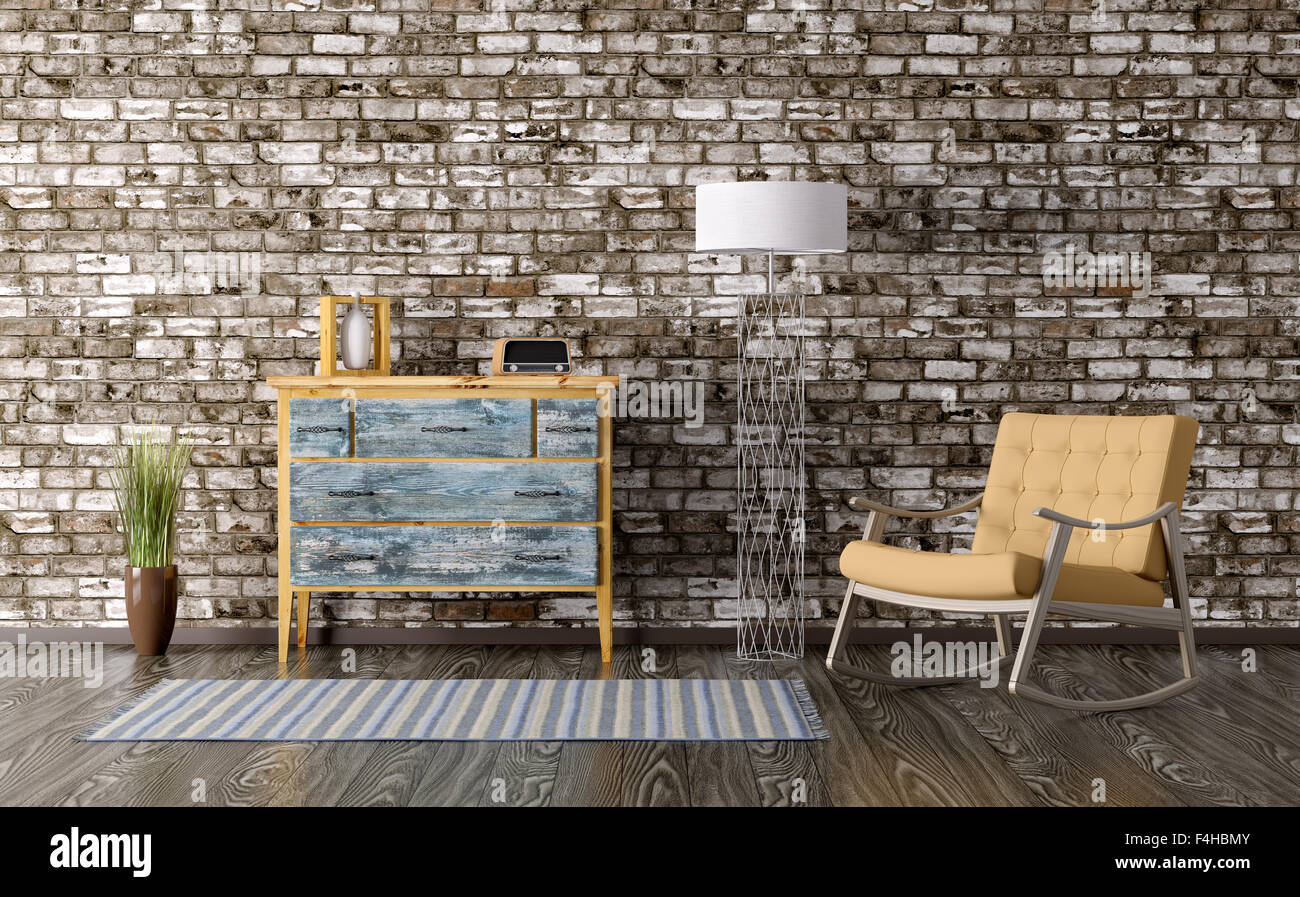 Interior of a room with vintage chest of drawers and rocking chair 3d ...