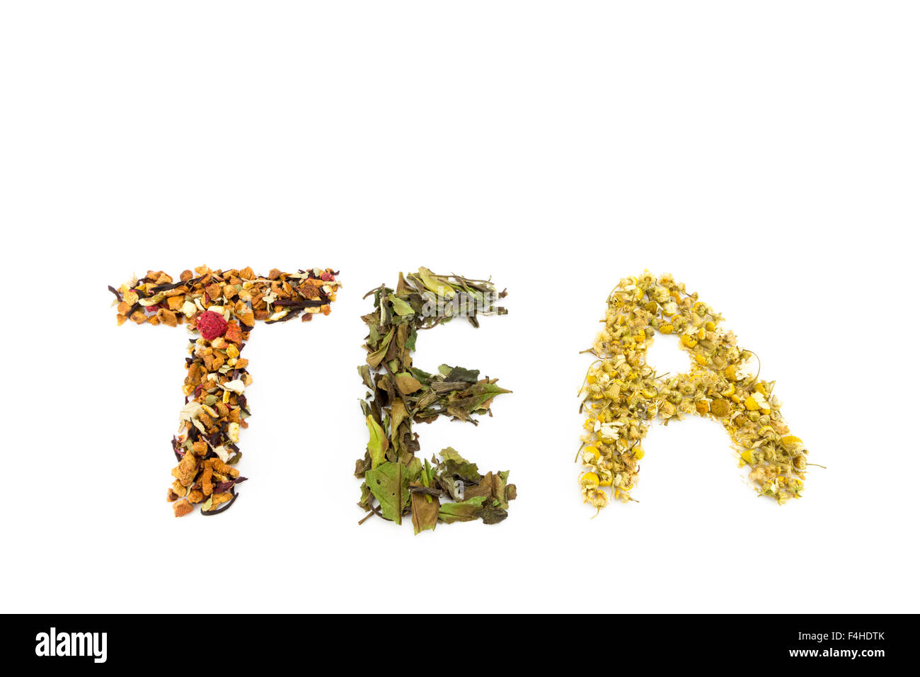 Word tea made of different tea species isolated on white background ...