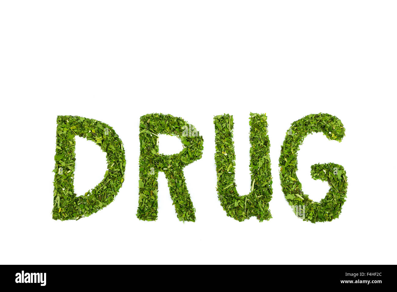 Word DRUG letters made of green hemp leaves isolated on white ...