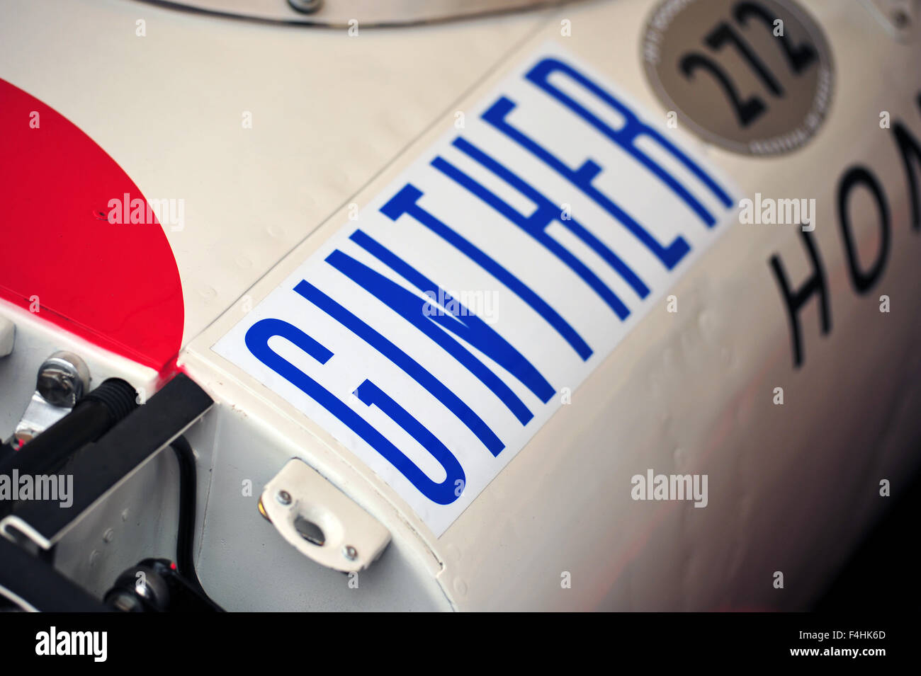 The side of a classic Honda F1 racing car on display at the Goodwood ...