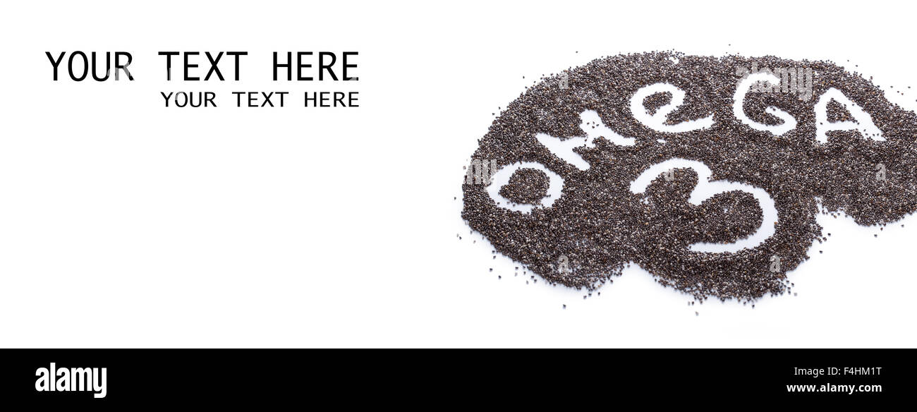 Word OMEGA-3 hand written from chia seeds on white, selective focus ...