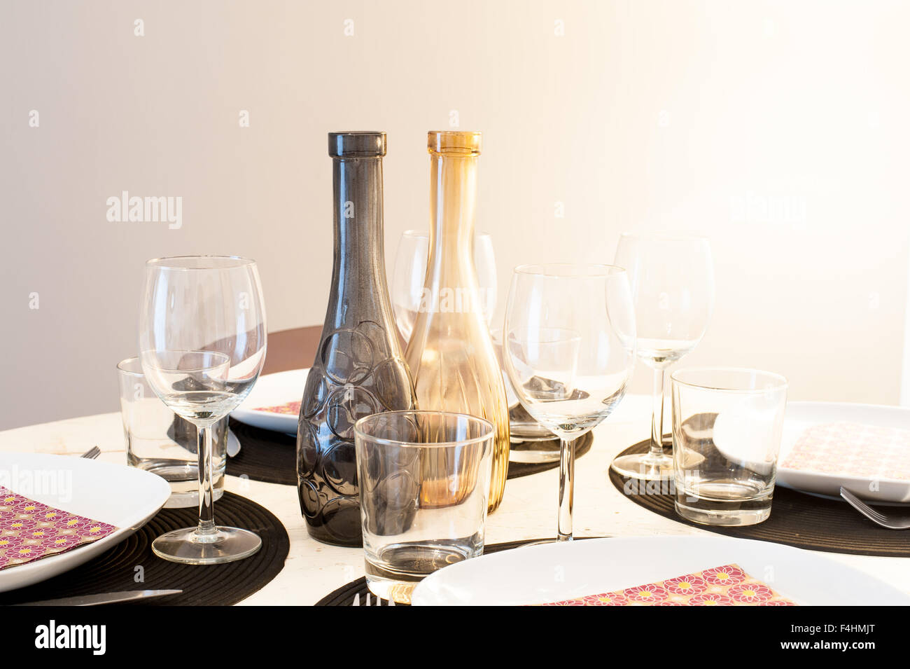 Round set table in house rustic style light brown colors, selective ...