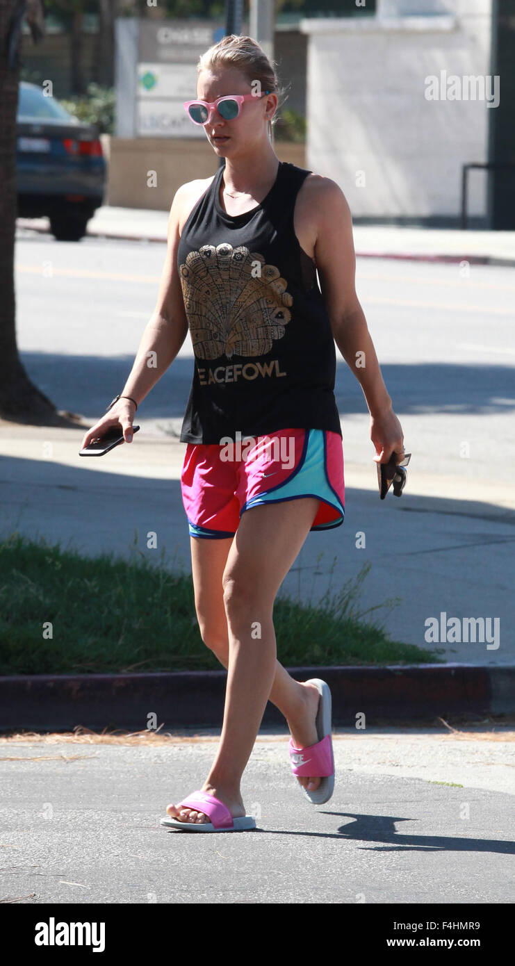 Kaley Cuoco leaving her yoga class in Sherman Oaks wearing pink rimmed ...