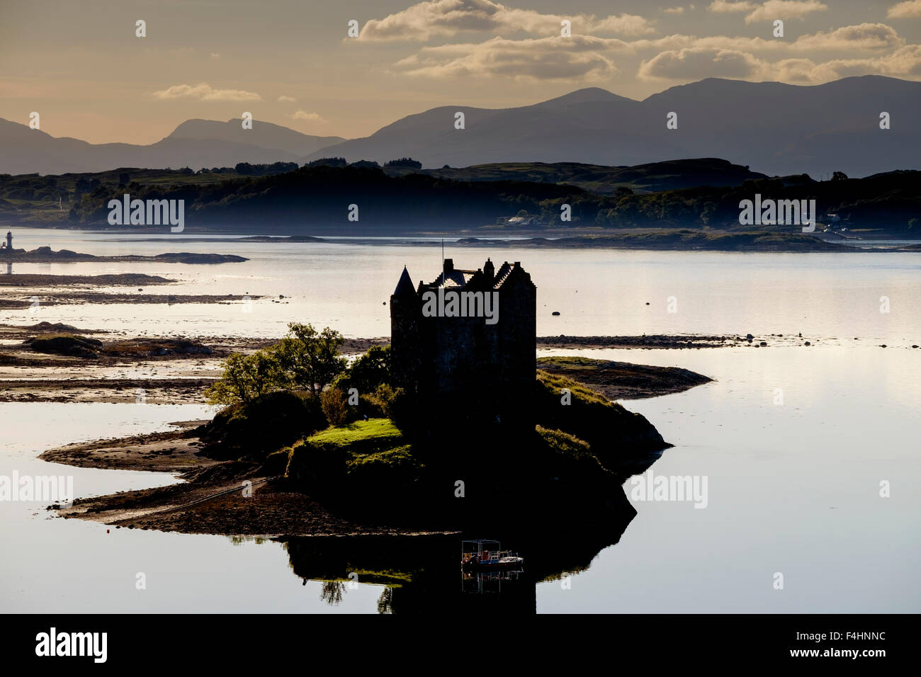Evening light on Castle Staker in Loch Linnhe, Highlands of Scotland ...
